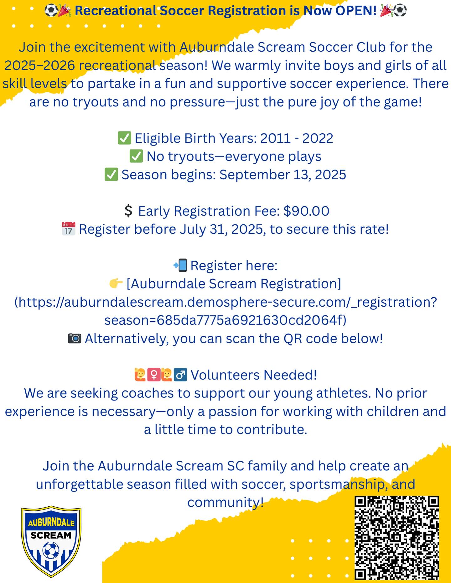 Registration for Fall Recreational League is NOW OPEN | Auburndale Youth Soccer Club